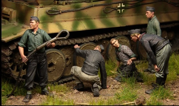 Schaal Modellen 1/35 Duitse Tiger tank onderhoud groep van vijf mensen ...