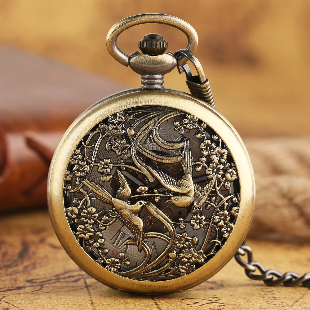 Carving Magpie Steampunk Pocket Watch Bronze Automatic Mechanical ...