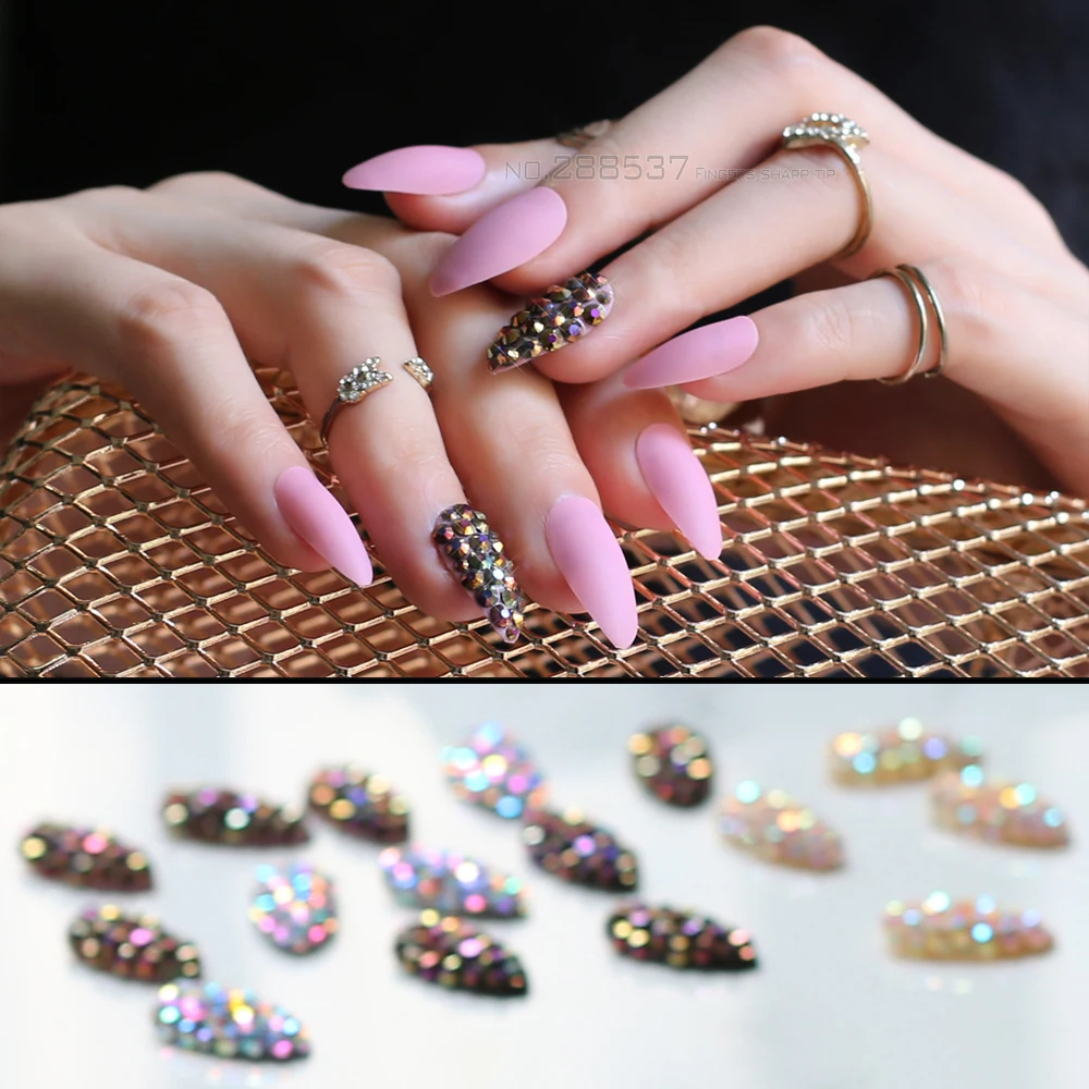 False Nails Stiletto With Stickers 24pcs Pure Color Matte Pink Press On