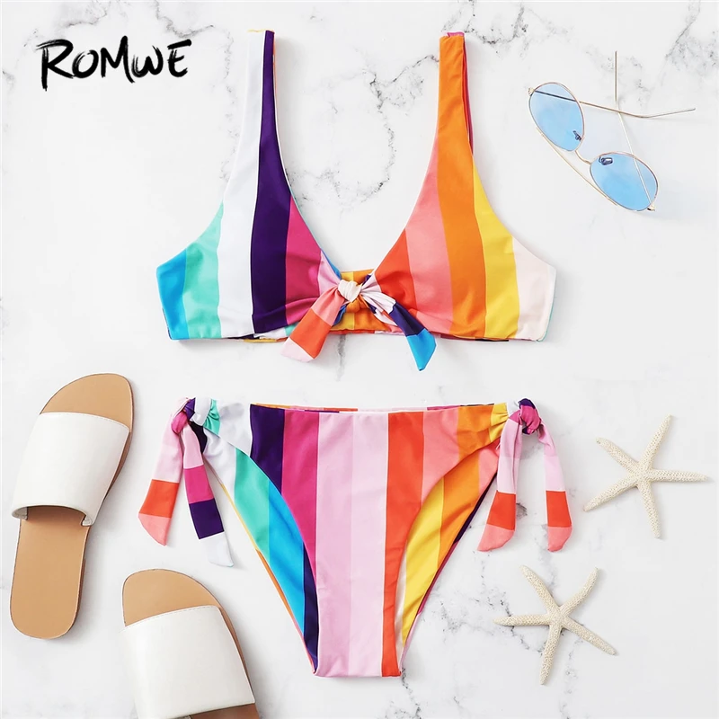 Romwe Sport Colorful Striped Bowknot Detail Top Tied Side Bottoms