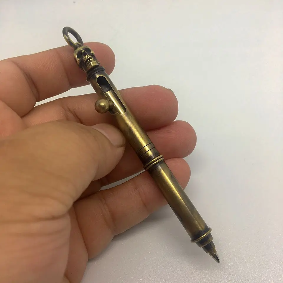 Handmade EDC Brass Skull Ballpoint Pen Creative Retro Bolt Type Ball ...
