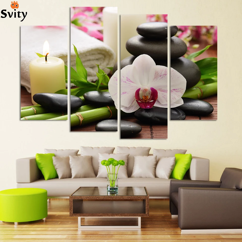 4 panel SPA wall painting HD candels hot spring stone bamboo image ...