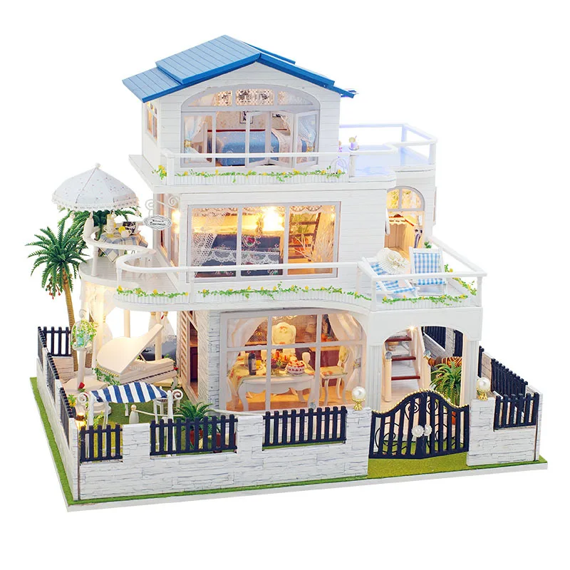 3D Diy Blue Villa With Swimming Pool Wooden Big Doll House Furniture ...
