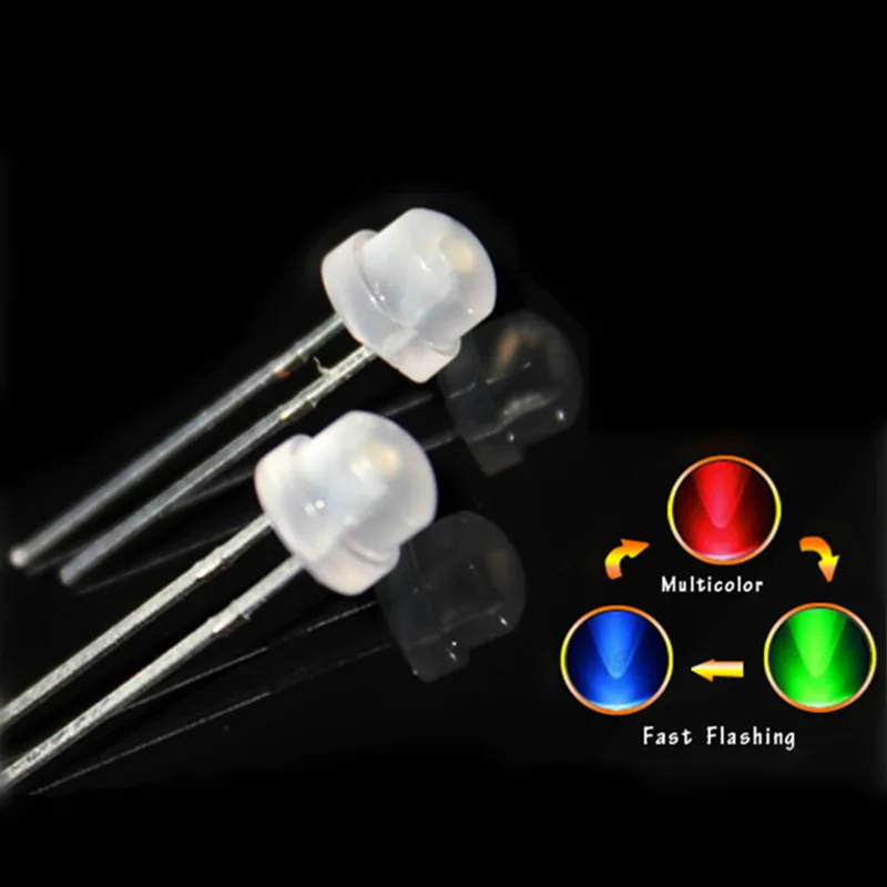 100pcs LED 5mm Straw Hat RGB Slow/Fast Flashing Flicker Frosted Tri ...