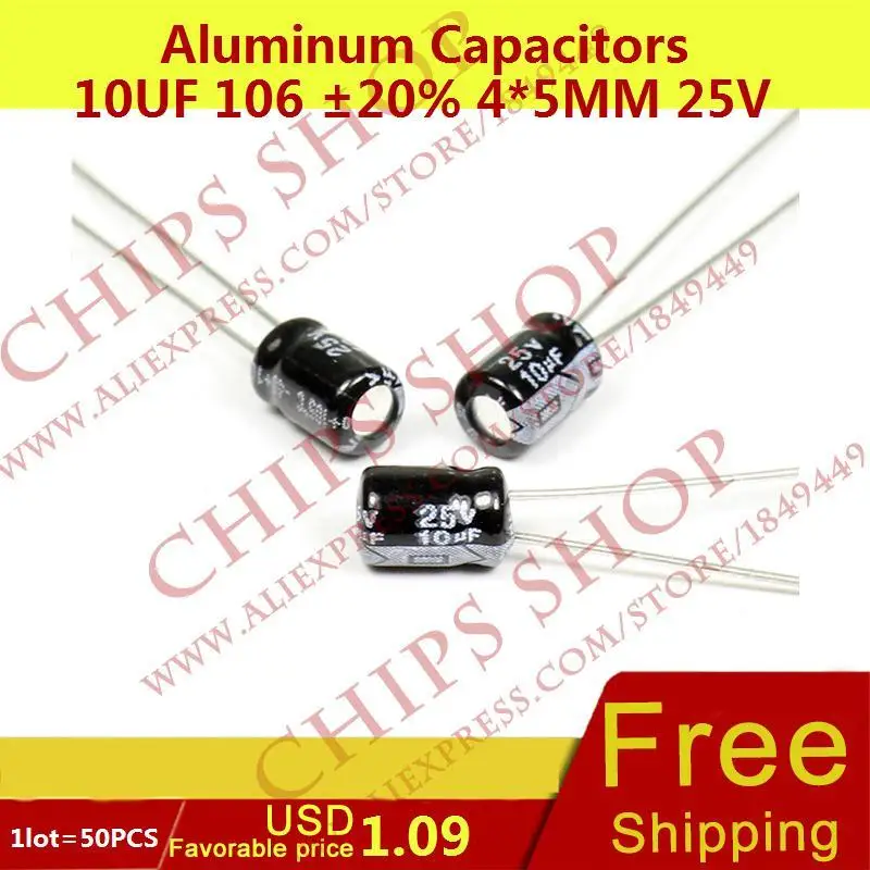 1LOT=50PCS Aluminum Capacitors 10uF 106 20% 4*5mm 25V 10000nF ...