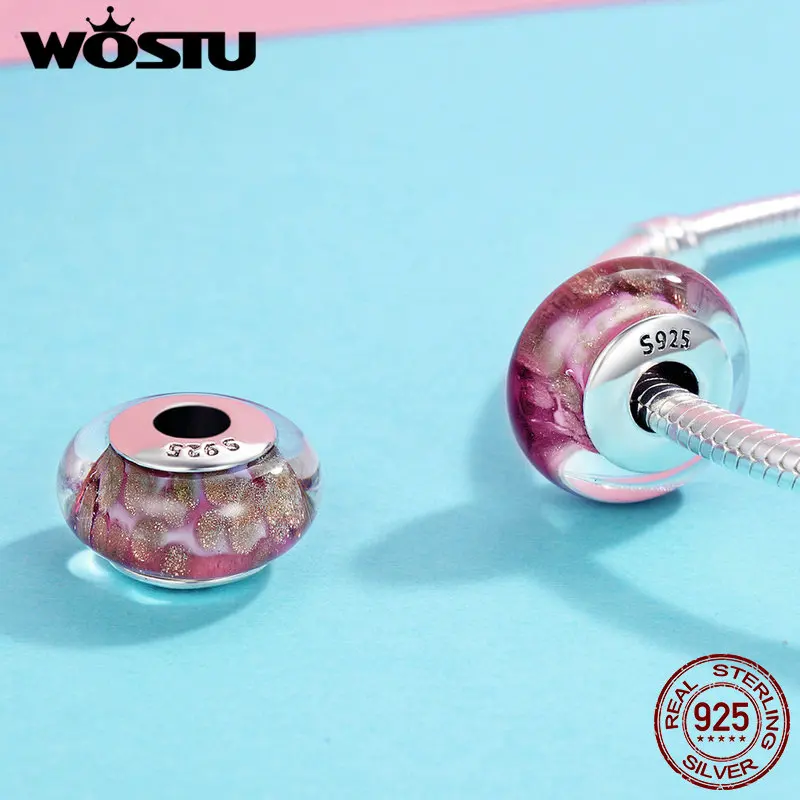 WOSTU 925 пробы бусины из муранского стекла с серебряным песком подходят к оригинальному WST ...