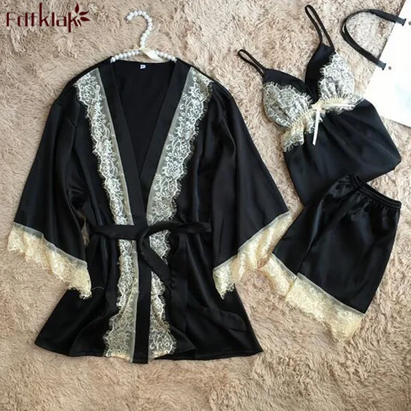 Conjunto de roupões de seda feminino, roupões de banho curtos com renda ...