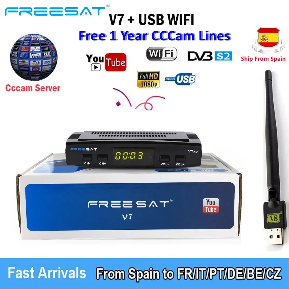 Freesat V7 HD Satellite Receiver With USB WiFi with 1 Year Spain Europe ...