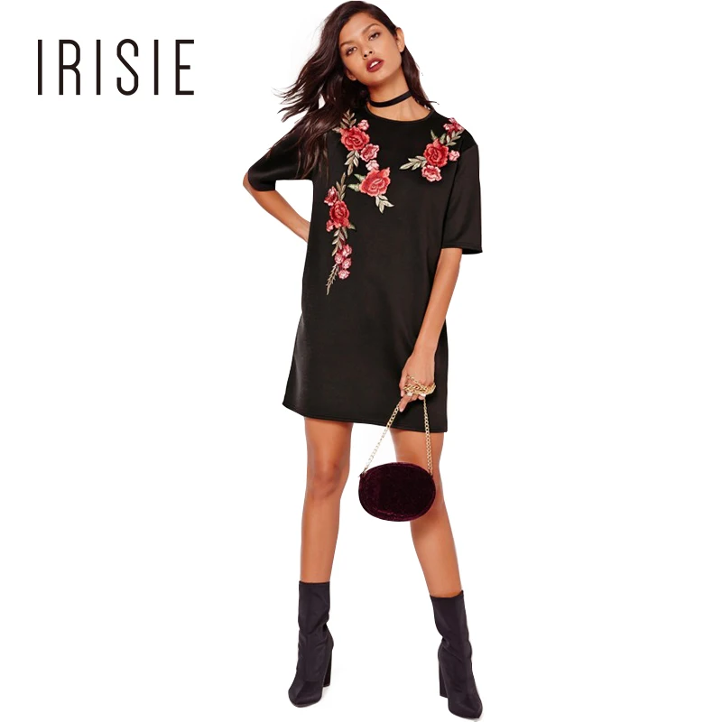 IRISIE Apparel Black Floral Embroidery Mini Dress Women Clothing Loose ...