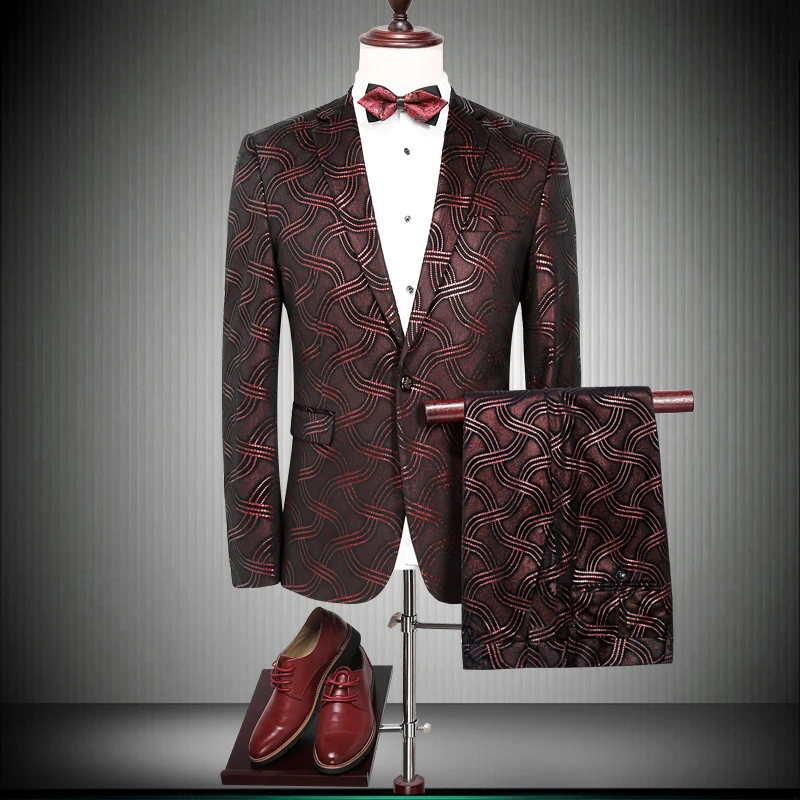 2018 New Brand Wine Red Men Suits Printing Wedding Blazers Suits Male ...