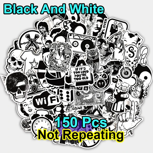 150 Pcs Black and White Stickers for for Laptop Luggage skateboard ...