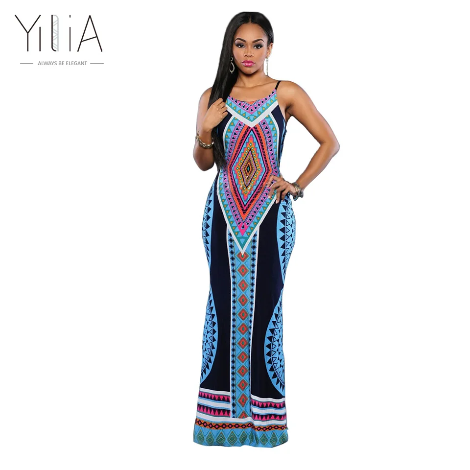 Yilia 2017 Nova Africano Imprimir Spaghetti Strap Longo Maxi Vestidos
