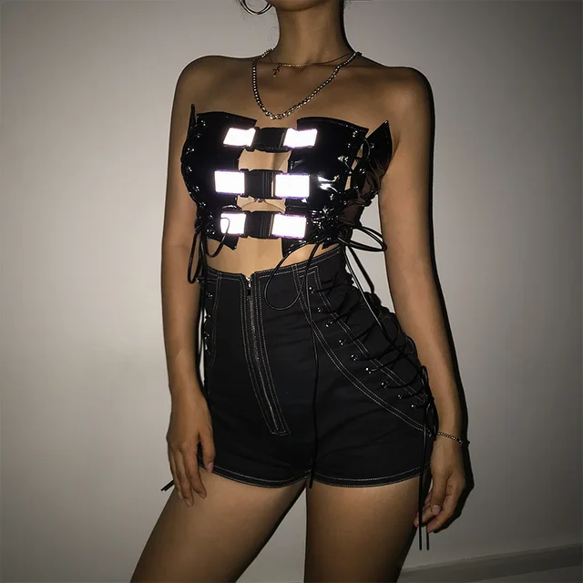 Night Reflective Buckle Tight Top Women Bralette Strapless Pu Tube Tops