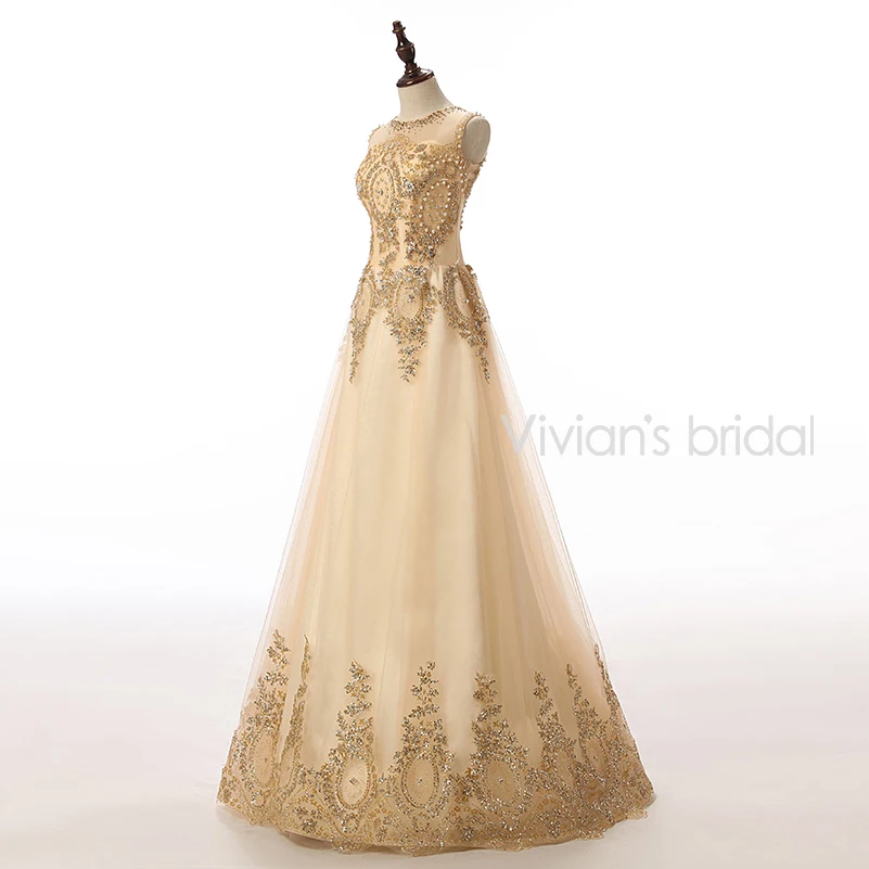 Vivians Bridal Champagne Long Evening Dresses 2016 A Line Tulle Floor