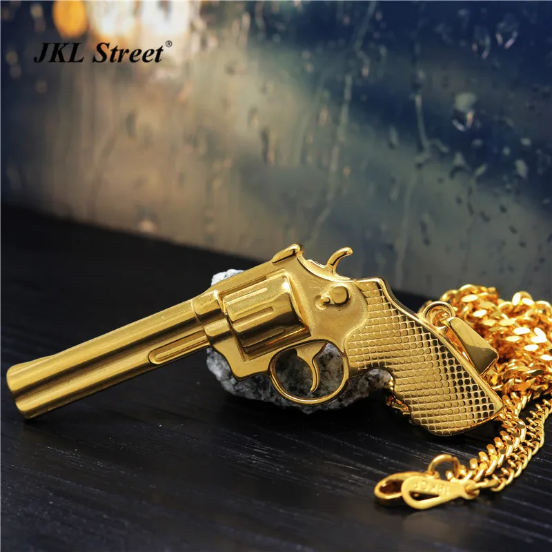 JKL Mens Army Gift Revolver Necklace Solild S.Steel Long Barrel Pistol ...