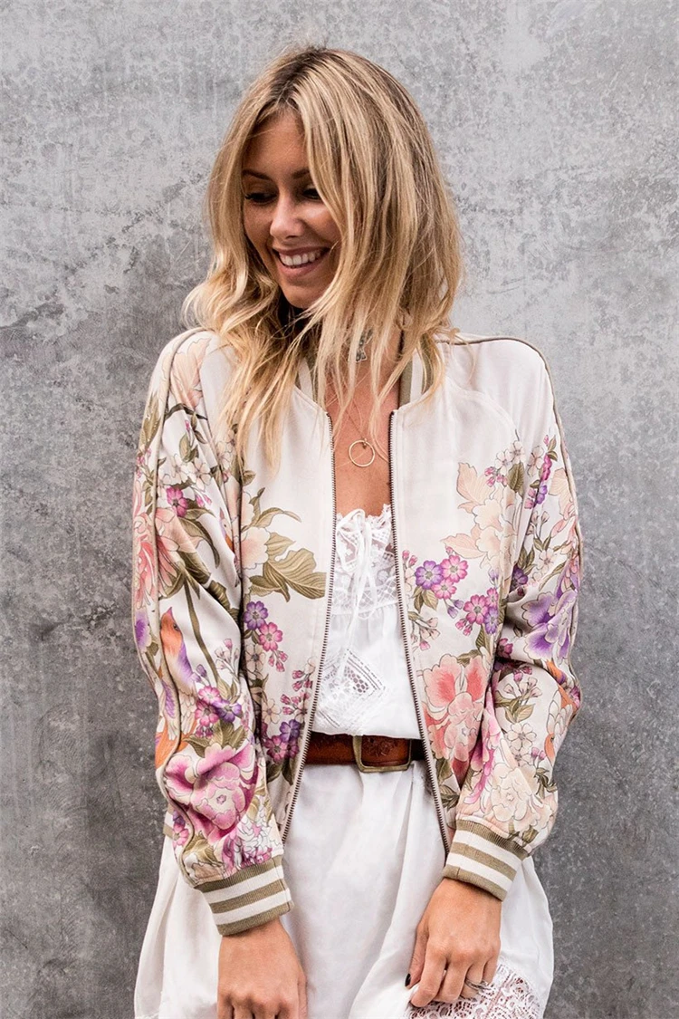 Women Vintage Floral Print Blue Skies Bomber Rayon Cool Girl's Bomber ...