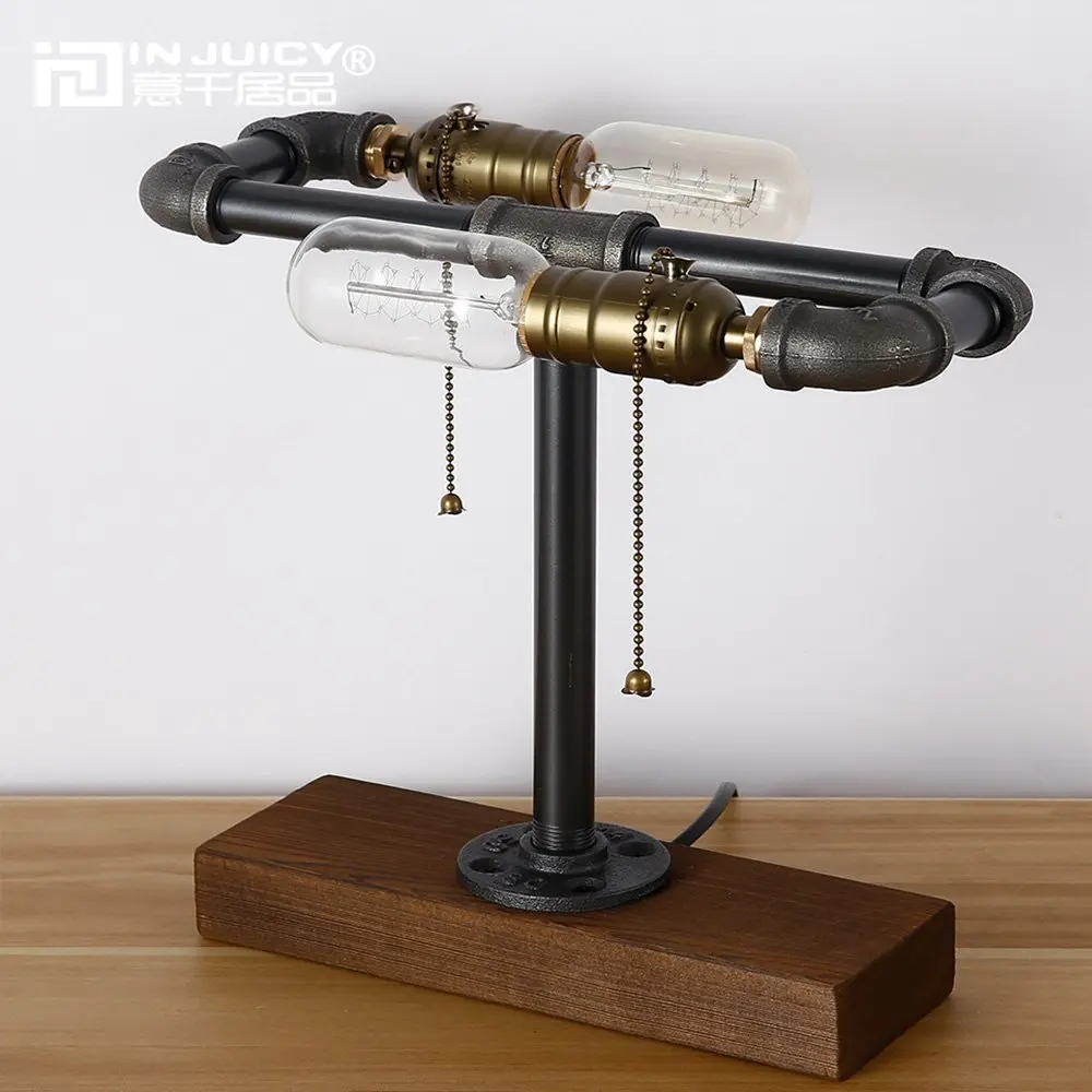 Loft Vintage Industrial Water Pipe Table Light, Desk Wood Lamp Retro ...