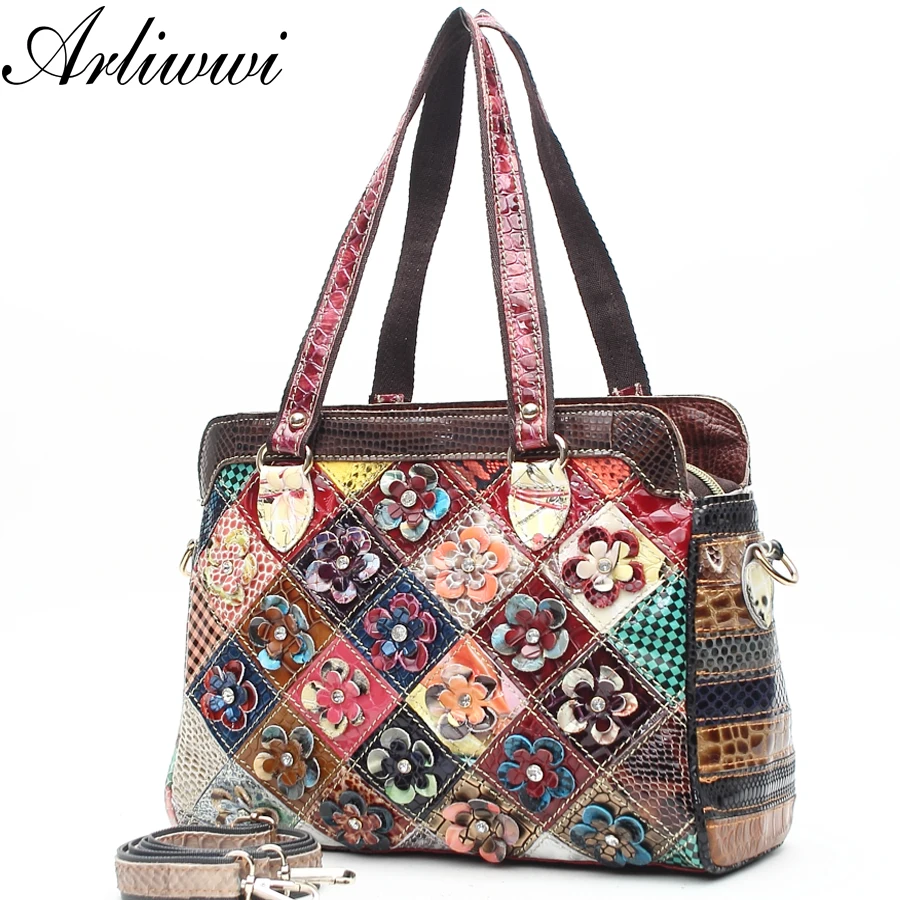 Arliwwi 100% Real Patent Leather Shiny Handmade Patchwork Shoulder Bag ...