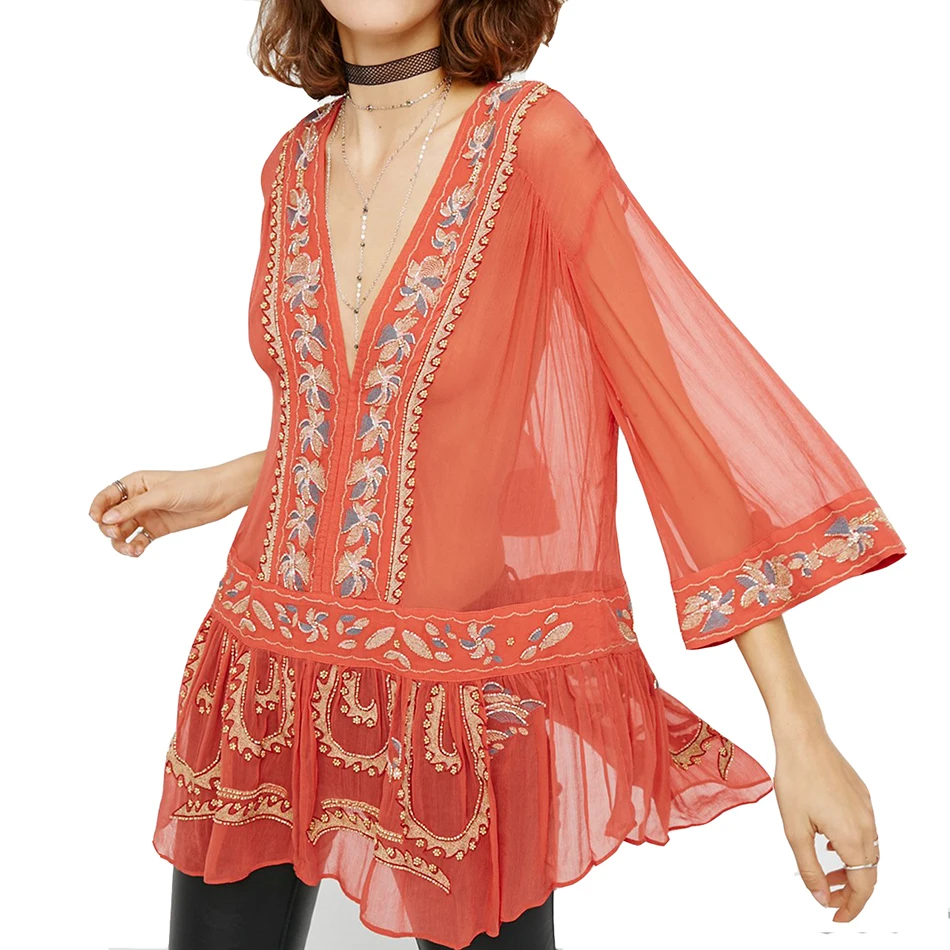 Floral Embroidery Boho Blouses Top For Women Beading Flare Sleeve ...