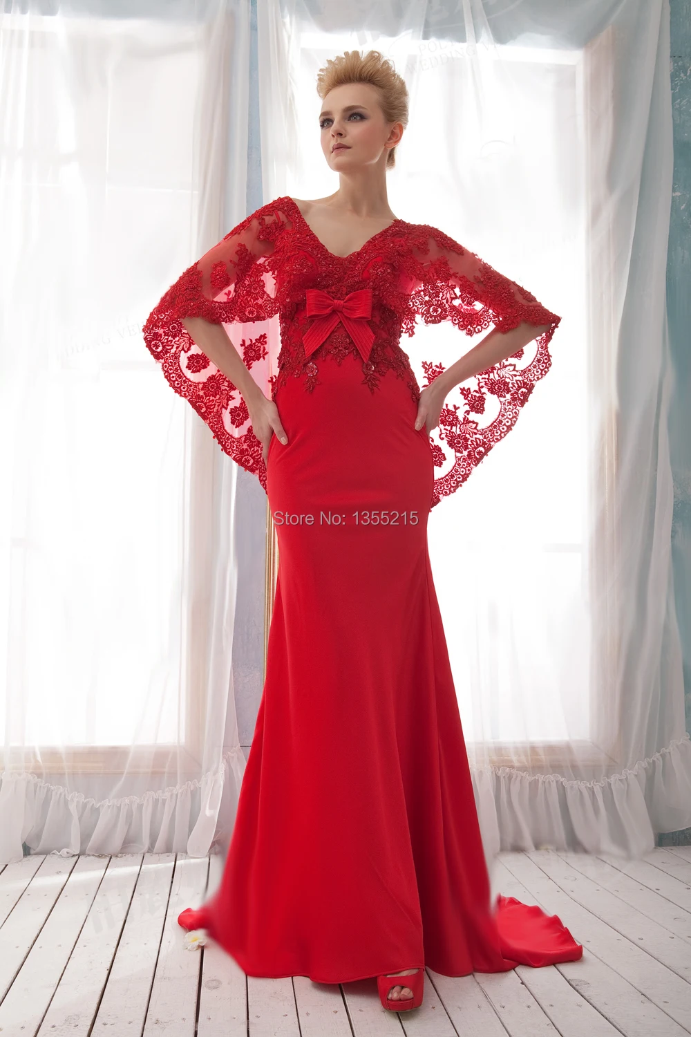 Custom V Neck Long Red Evening Dress with Lace Jacket Formal Evening ...
