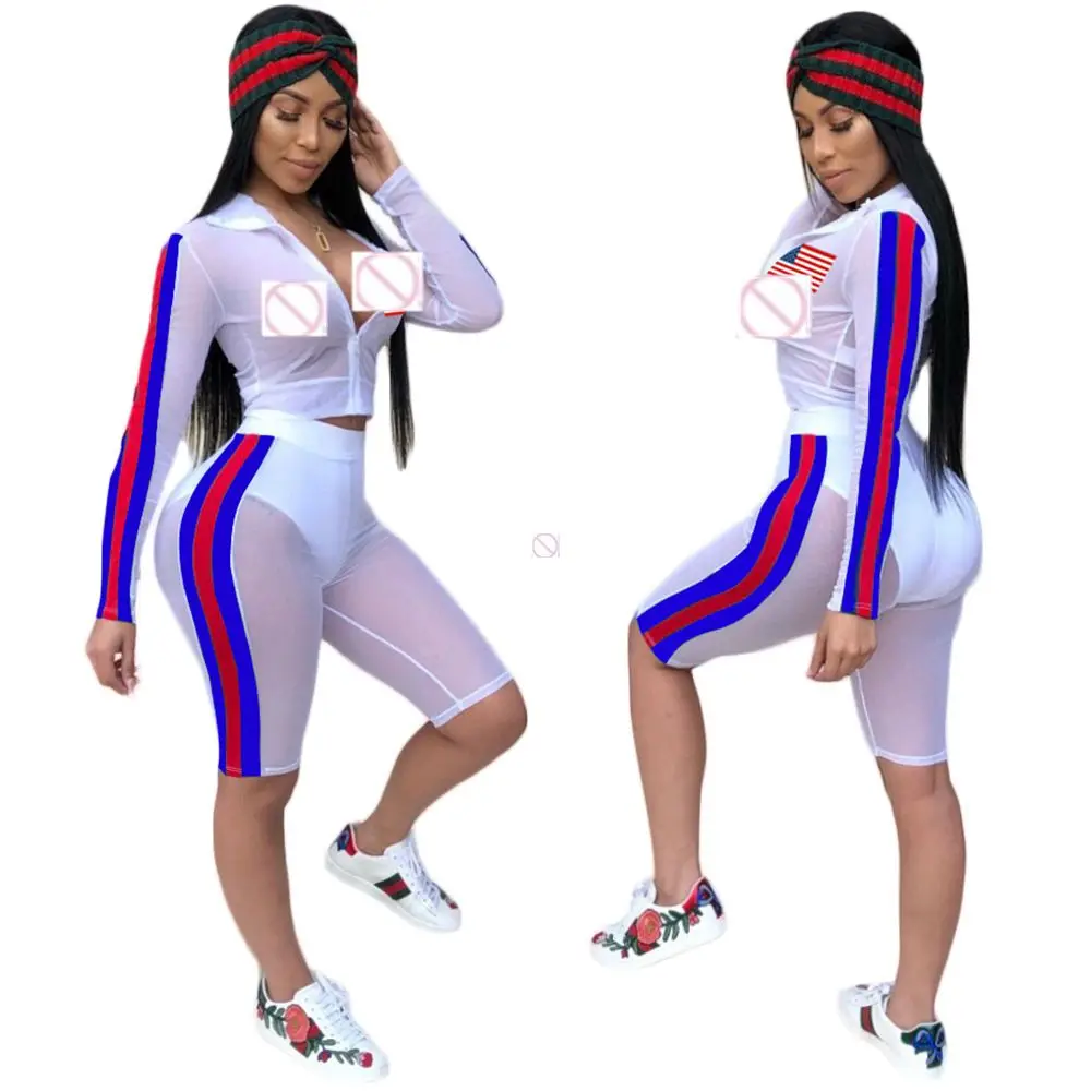 Cfyh 2018 Summer Sexy Womens Mesh Two Piece Sets Flag Of The United