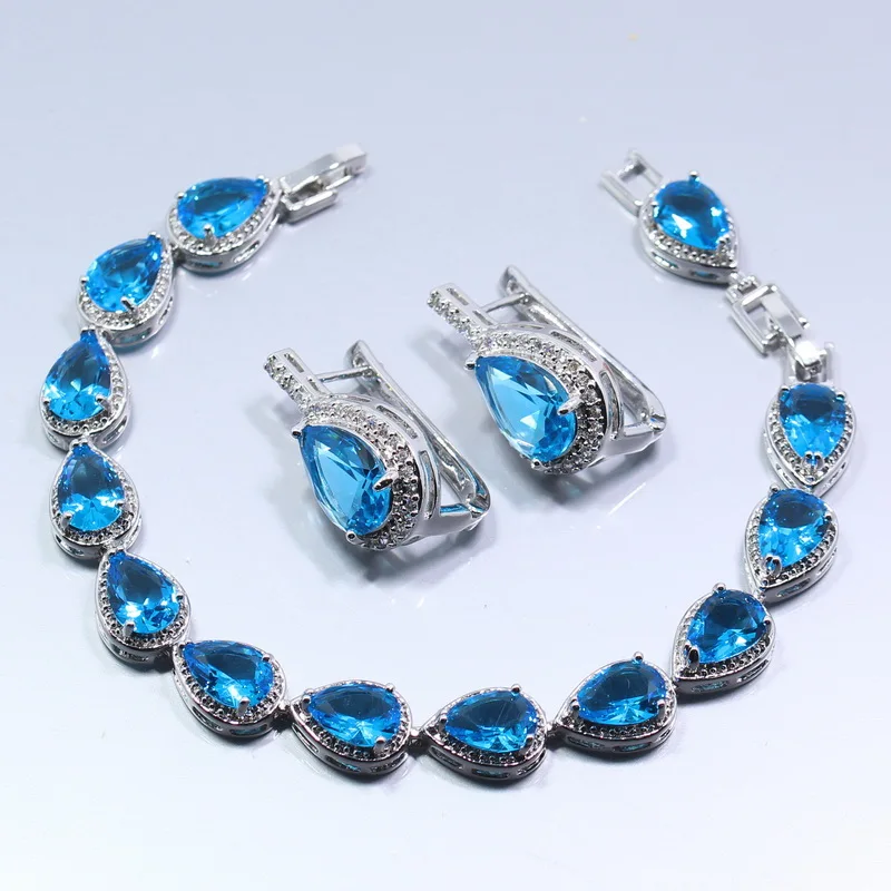 925 Sterling Silver Jewelry Set Light Blue Created Earring Bracelet ...