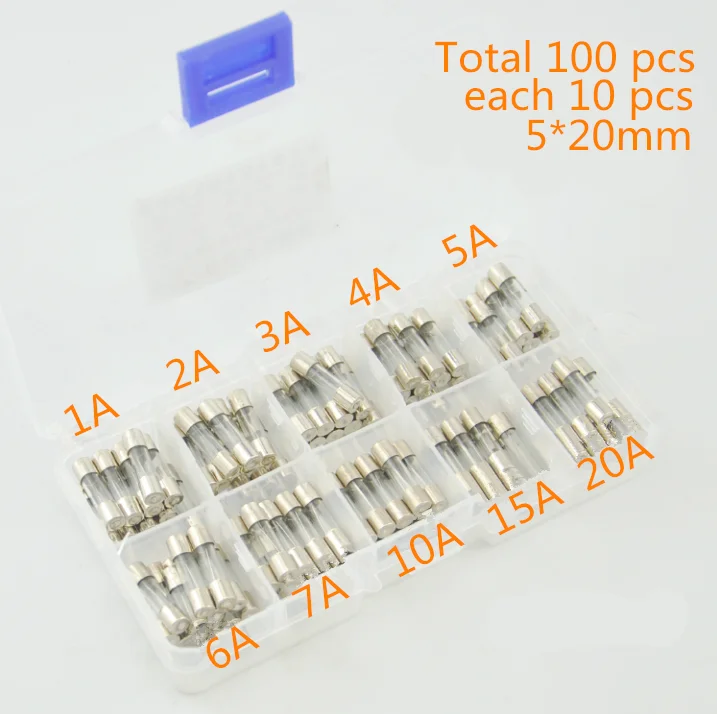 Kit surtido de fusibles de vidrio de soplado rápido, 5x20mm, 100 unids/lote, 250V, 1/2/3/4/5/6/7 ...