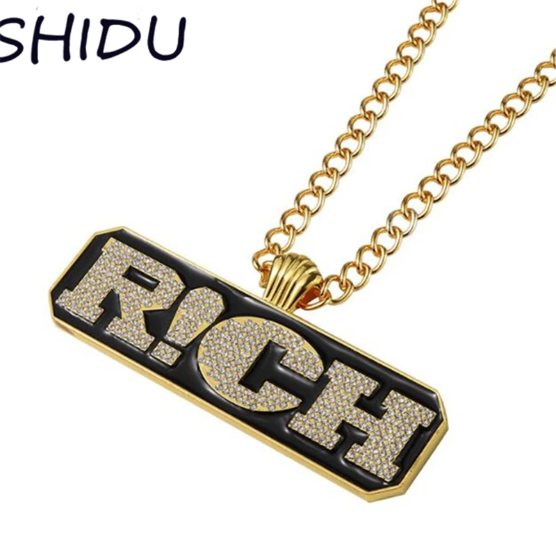 Good Quality Rhinestone Golden Letter RICH Pendants Necklace Jewelry ...
