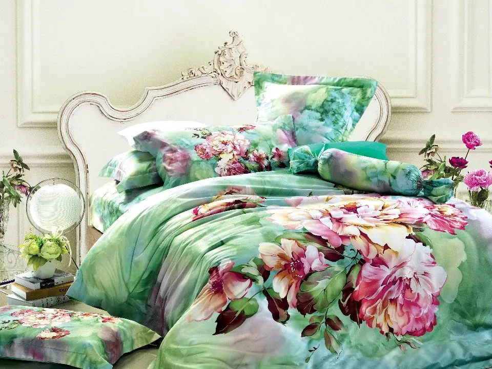 Green Floral Flower Bedding Set Queen King Size Duvet Quilt Cover