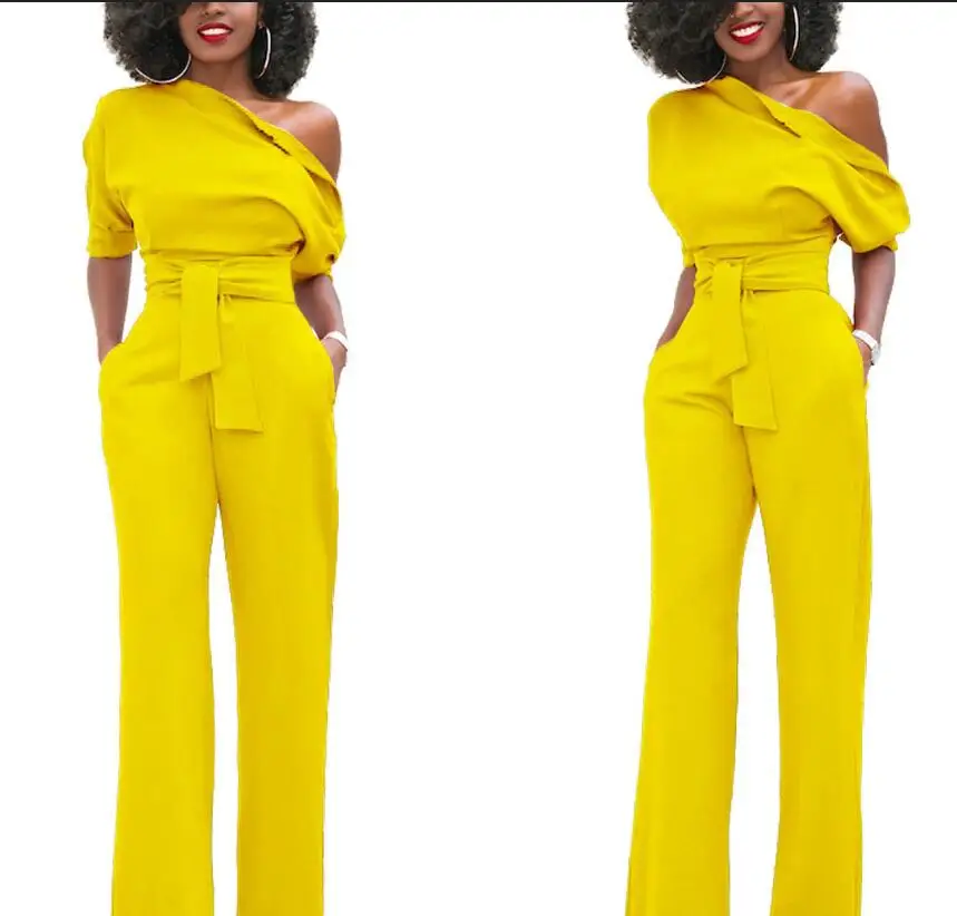 여성용 클래식 단색 사선 칼라 점프수트 5 점 슬리브 플러스 사이즈 와이드 레그 팬츠 벨트 슬림 고품질 패션점프 슈트