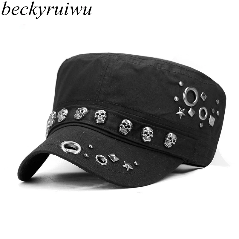 Beckyruiwu Adult Hip Hop Punk Rock Skull Rivet Flat Peaked Hats Men Big ...
