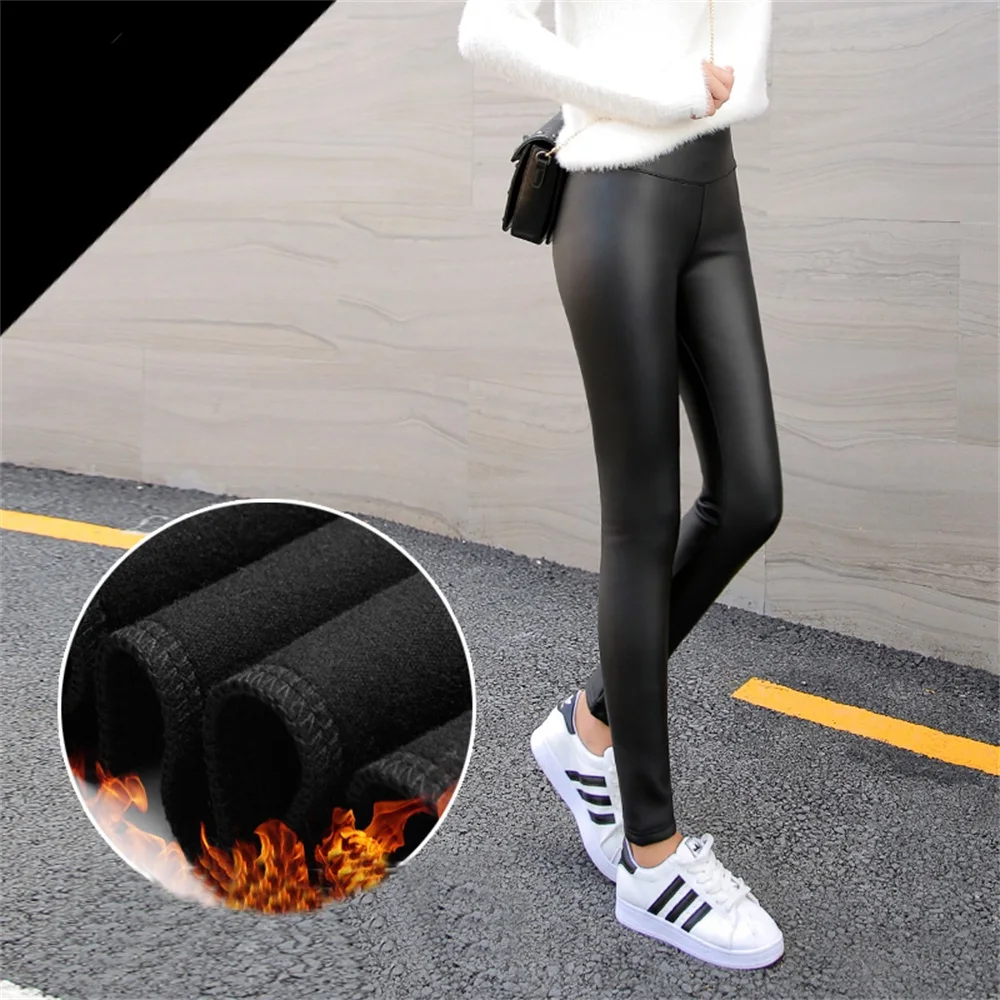 2017 Winter Fashion PU Warm Velvet Inside Women's Pants Slim Highwaist ...