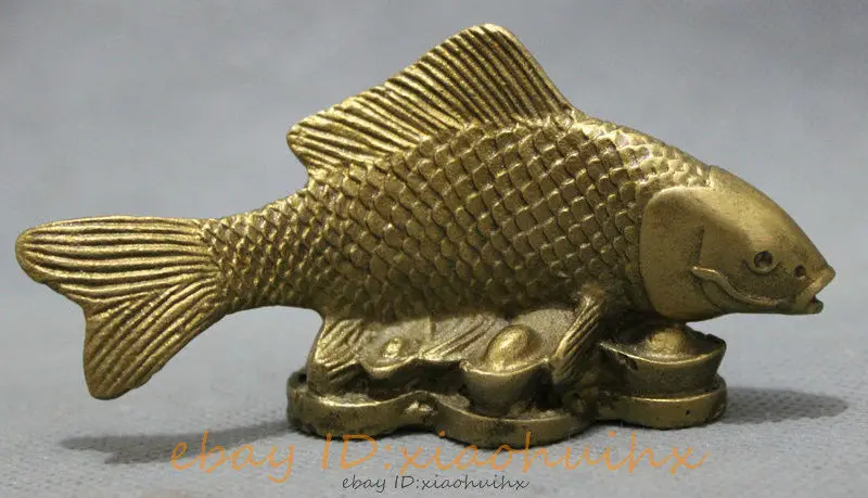 Chinese-Pure-Brass-Folk-Carved-JiXiang-Wealth-Fish-On-YuanBao-Coin ...