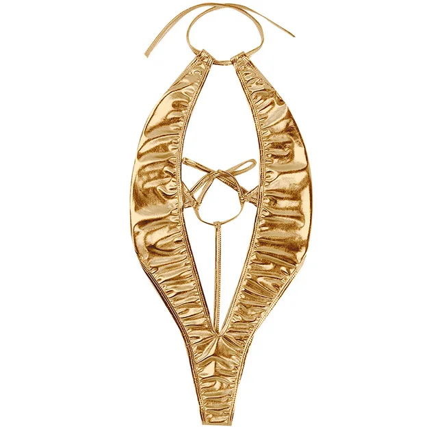 Women Jumpsuits Patent Leather One Piece Deep V-Halter Swimwear ...