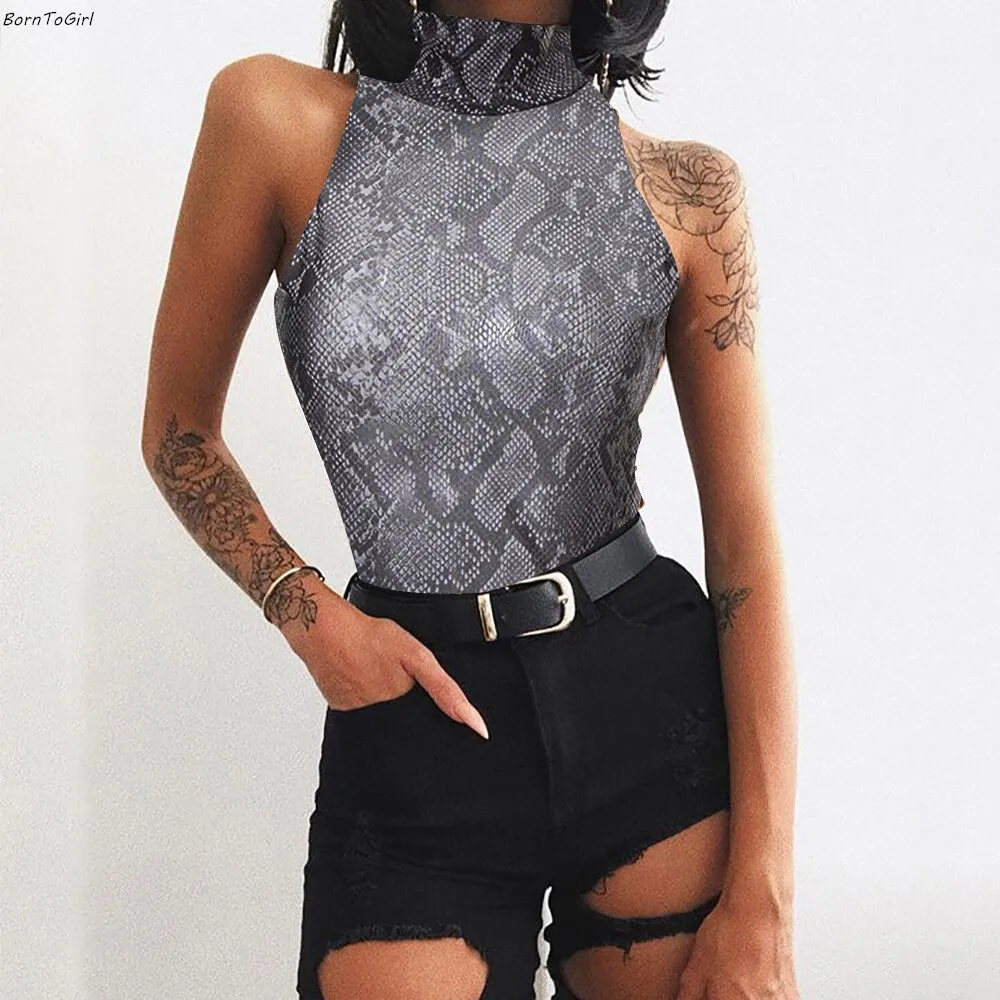 BornToGirl Women Sexy High Neck Snake Print Bodysuit 2019 Spring Summer ...