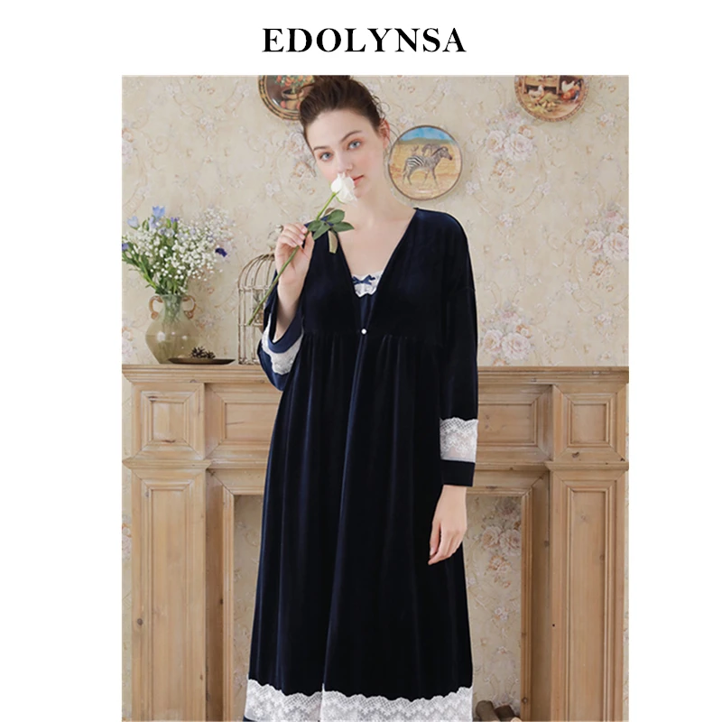 Elegant Robe Gown Sets Autumn Women Sleepwear Dark Blue Bathrobe Lace ...