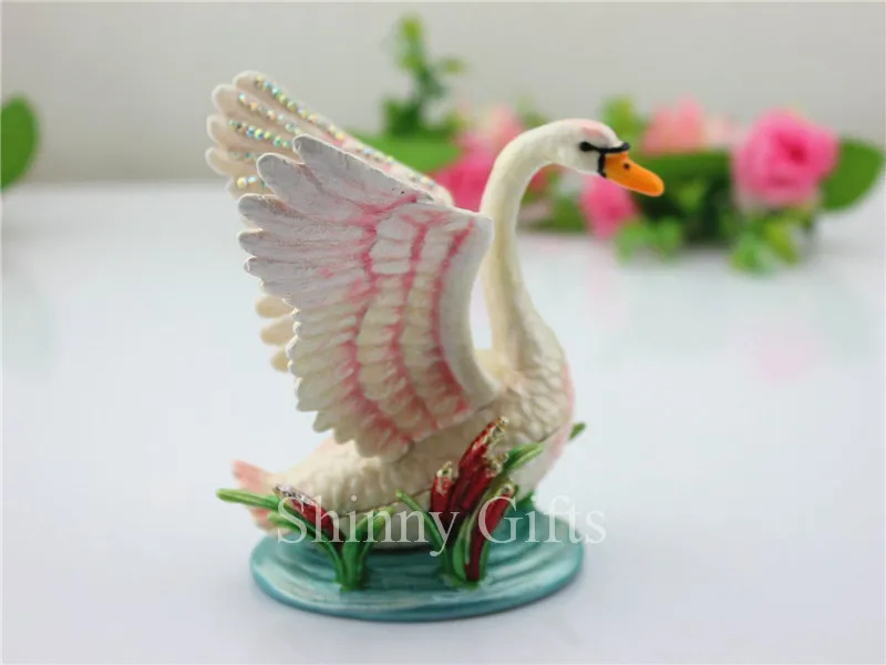 Shinny Gifts Swans Enameled Jewelry Trinket Box Crystal Swan Trinket ...