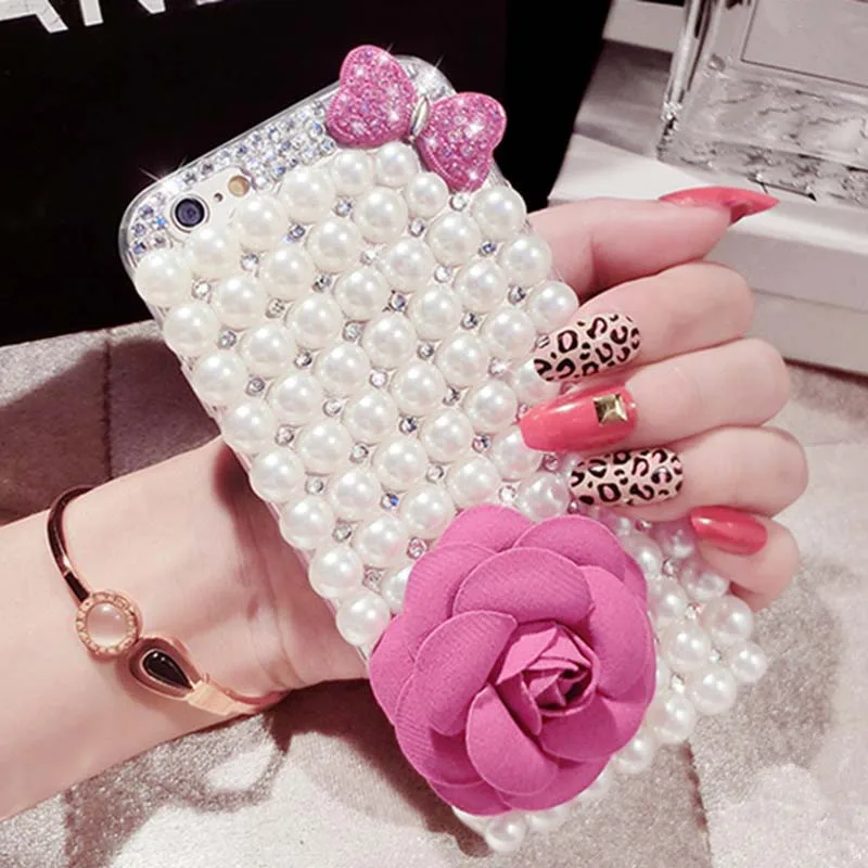Luxury Pearl Rhinestone Diamond Crystal Glitter Flower Bling Case Cover ...