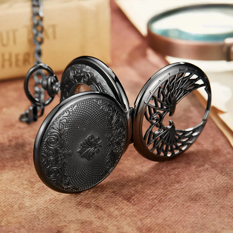 Luxury Mechanical Pocket Watch with Chain Angel Wings Hollow Hand ...