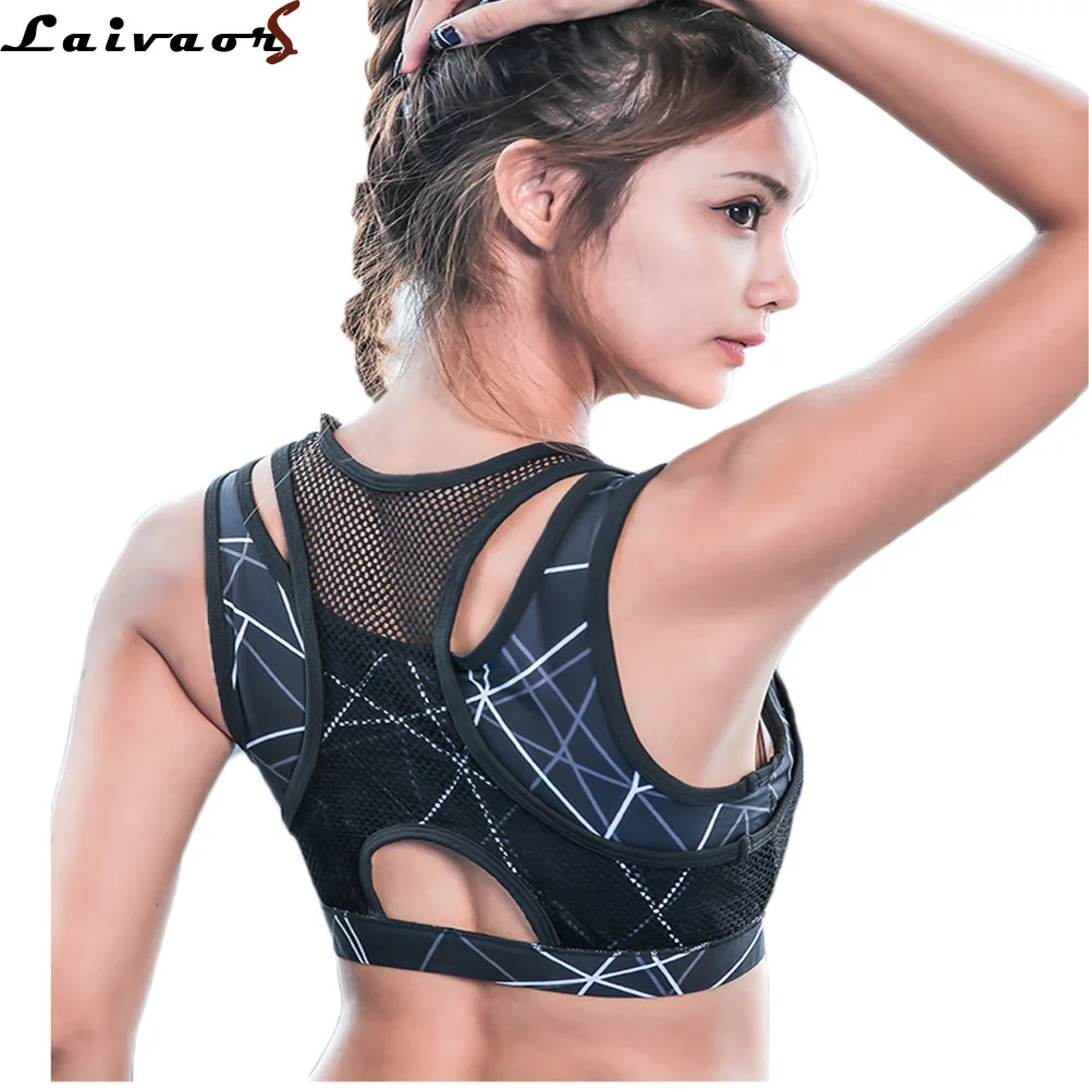 Breathable Mesh Sport Bra Top Women Hollow Out Cross Shockproof Push Up