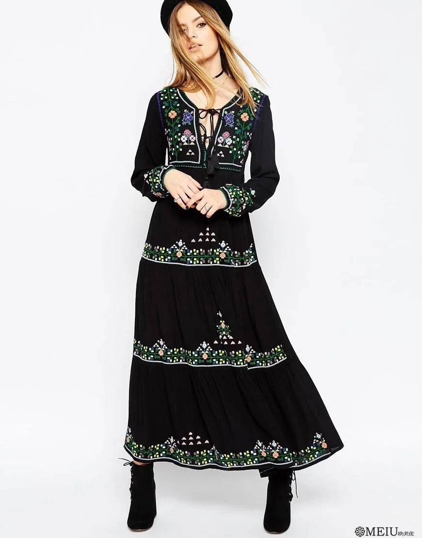 Women Long Sleeve autumn Fall Dress boho black Dress maxi Vestidos V ...
