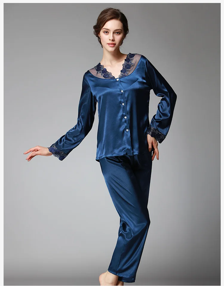 Summer Autumn Style Imitation Silk Womens Pajamas Ladies Long Sleeve