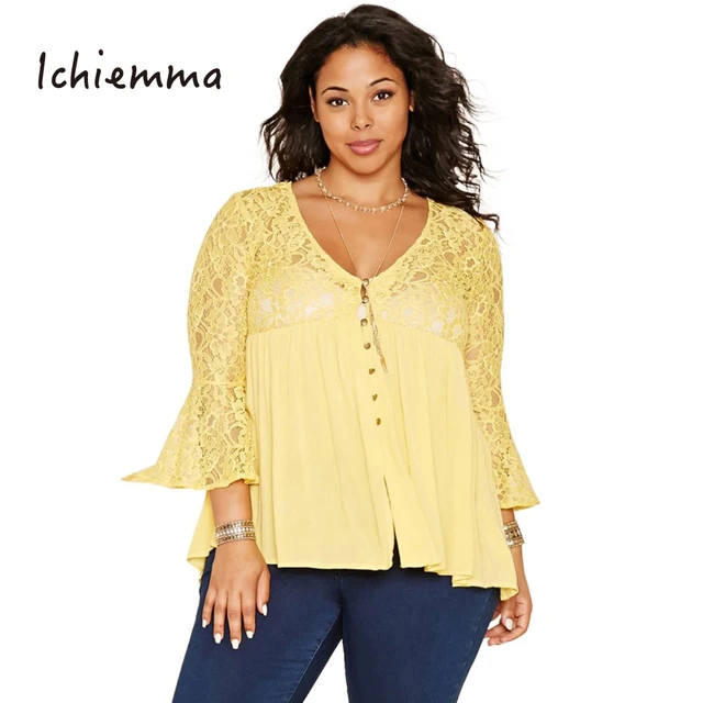 Ichiemma 2017 Plus Size Solid Yellow Women Blouse Long Flare Sleeve V Neck Lace Up Big Size