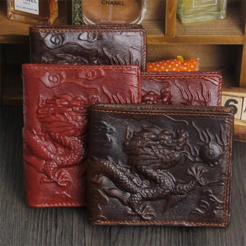 Classic Wallet Men Chinese Red Dragon Totem Genuine Leather Men Wallet ...