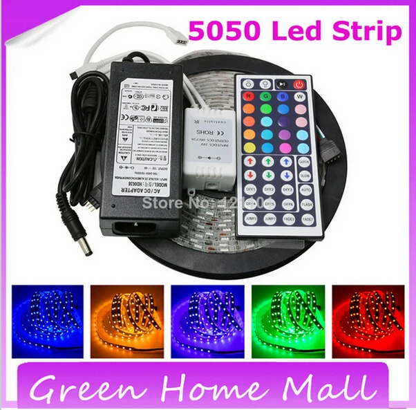 5M RGB LED Strip Light 5050 Waterproof 110V 220V to 12V + 44Keys Remote ...