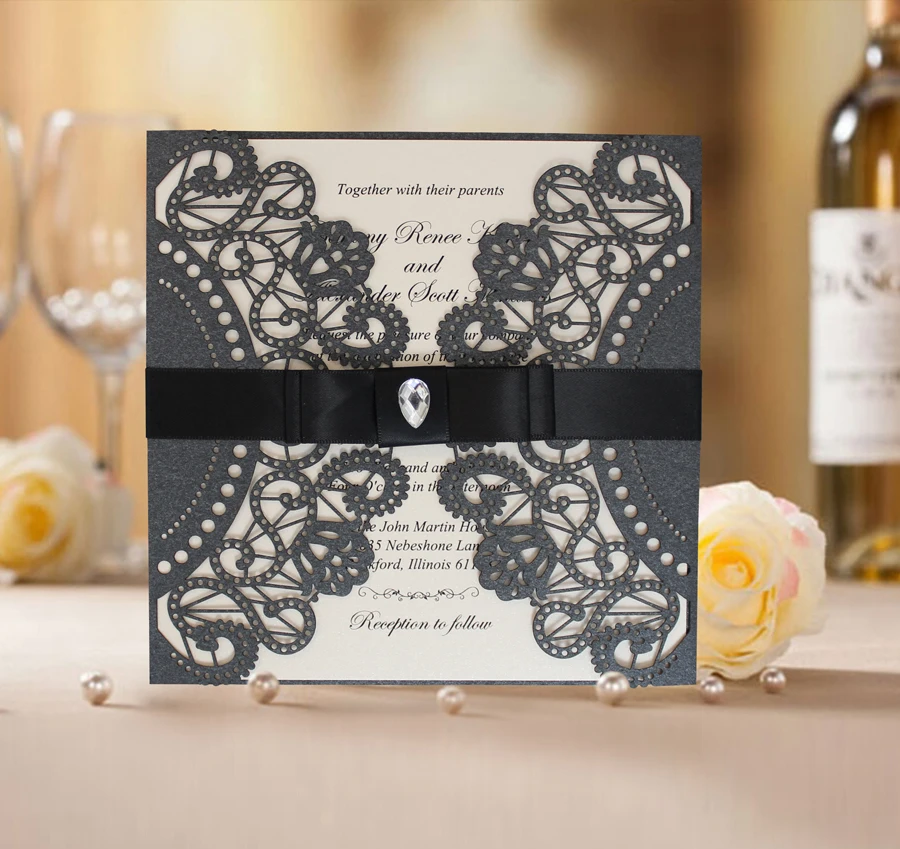 Black Lace Wedding Invitation Design; Black Invitation Cards with ...