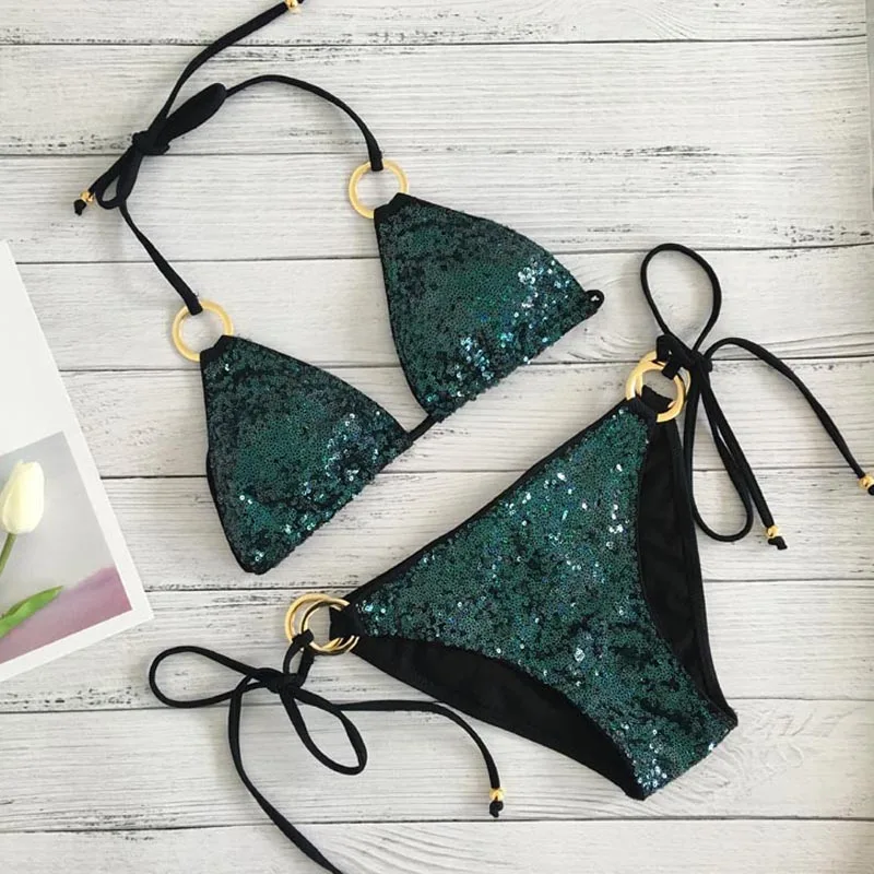 2018 Sequins Bikini Set Green Swimwear Sexy Bathing Suit Halter Metal