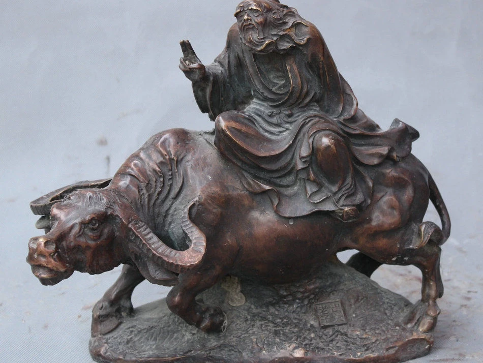12" Old Folk China Bronze Copper Taoism God Lao Zi Lao Tzu Ride Bull Ox ...