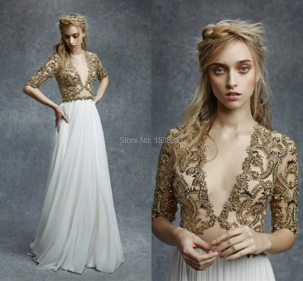 Sexy Dress To Party Long A Line Eveing Dresses With Beading Deep V Neck ...