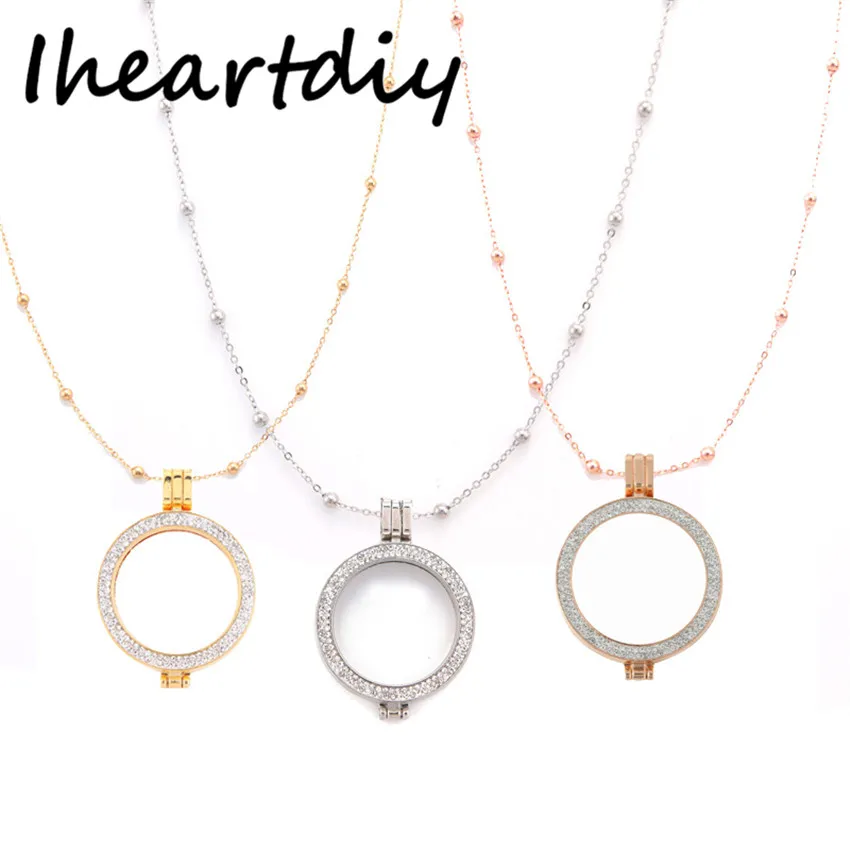 35mm Double Crystal Elements Coin Holder Frame Locket Pendant with 80cm ...